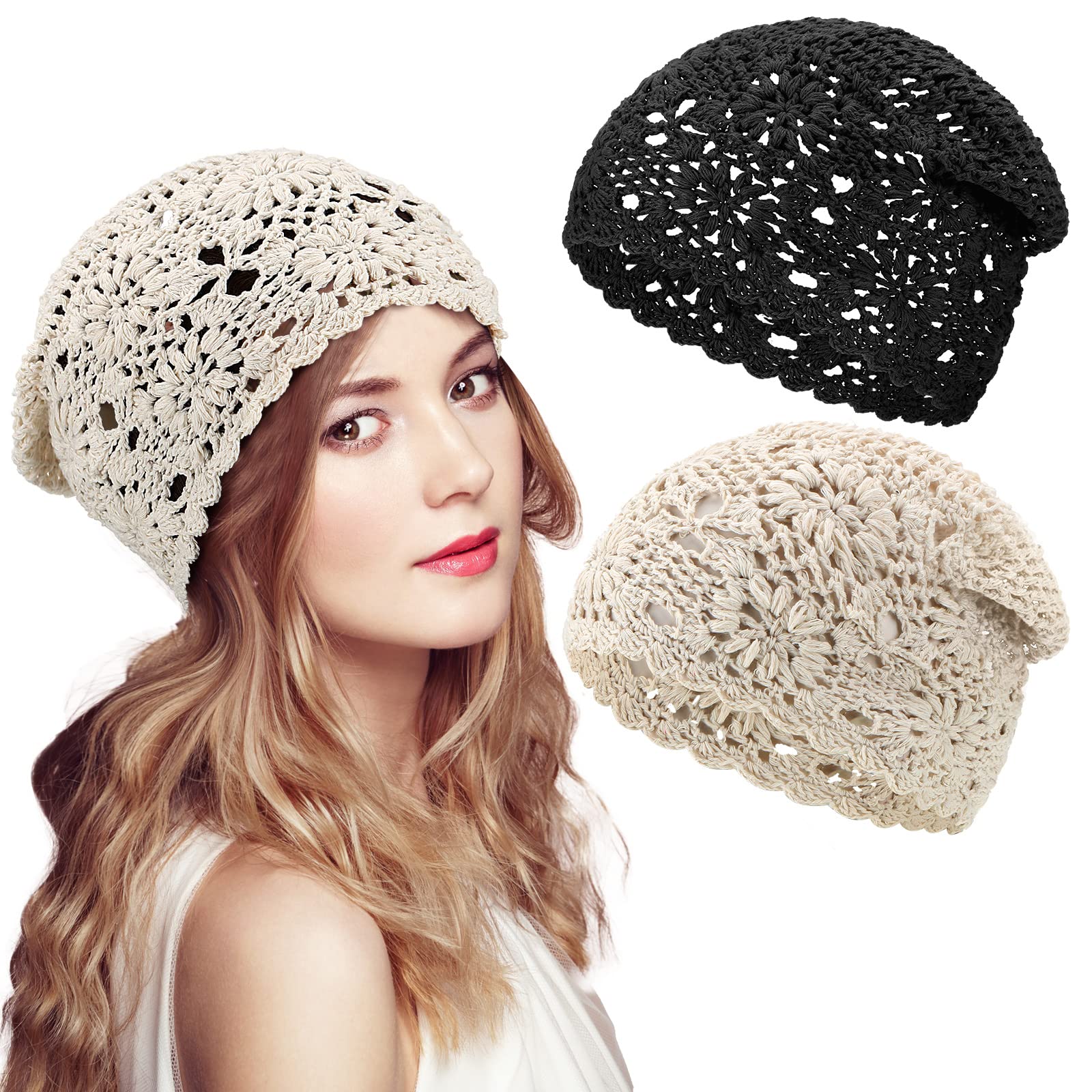 JenPen 2 Pieces Floral Crochet Slouchy Beanie Hat Handmade Knit Cutout Women Floral Skull Cap Stretchy Knitted Crochet Hat for Women (Black, Beige), Medium-Large