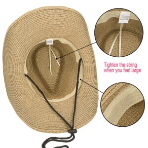 Packable Women's Straw Fedora Western Hat Outback, Beach Cowboy Cowgirl Hat, Beaded Shapeable Brim UV Protection Sun Hat Khaki