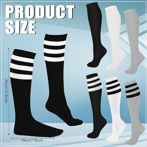 Unittype 6 Pair White Black Grey Knee High Socks for Women Striped Socks Long Socks Tube Socks Roller Skate Socks for adults Gift