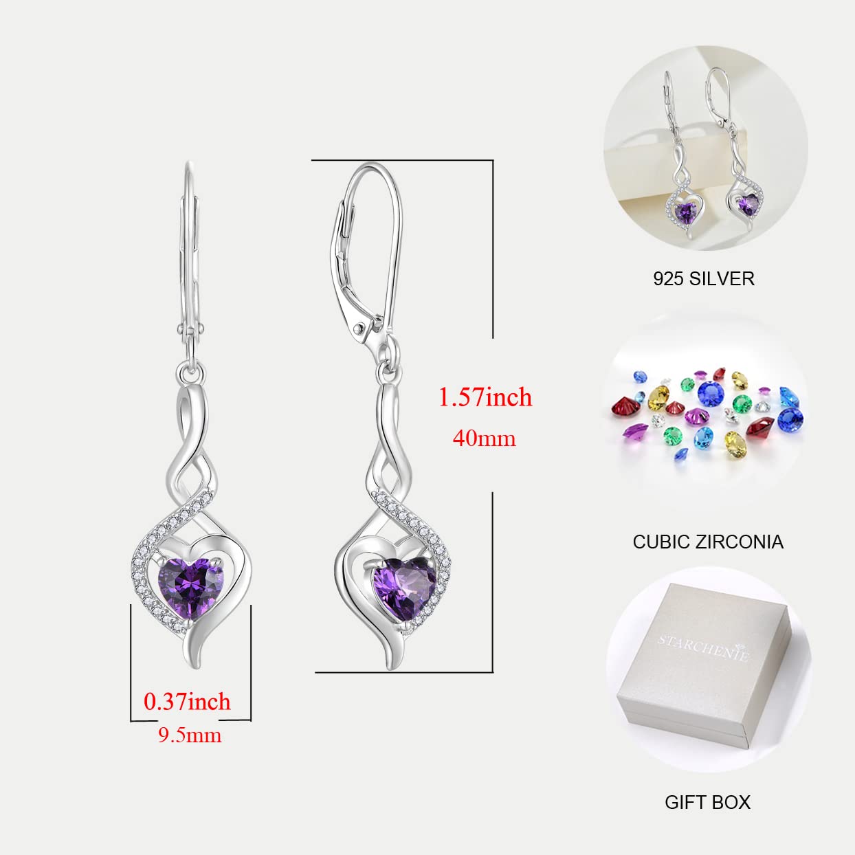 Starchenie Infinity Heart Earrings Sterling Silver Twisted Leverback Earring Created Amethyst Jewelry for Women