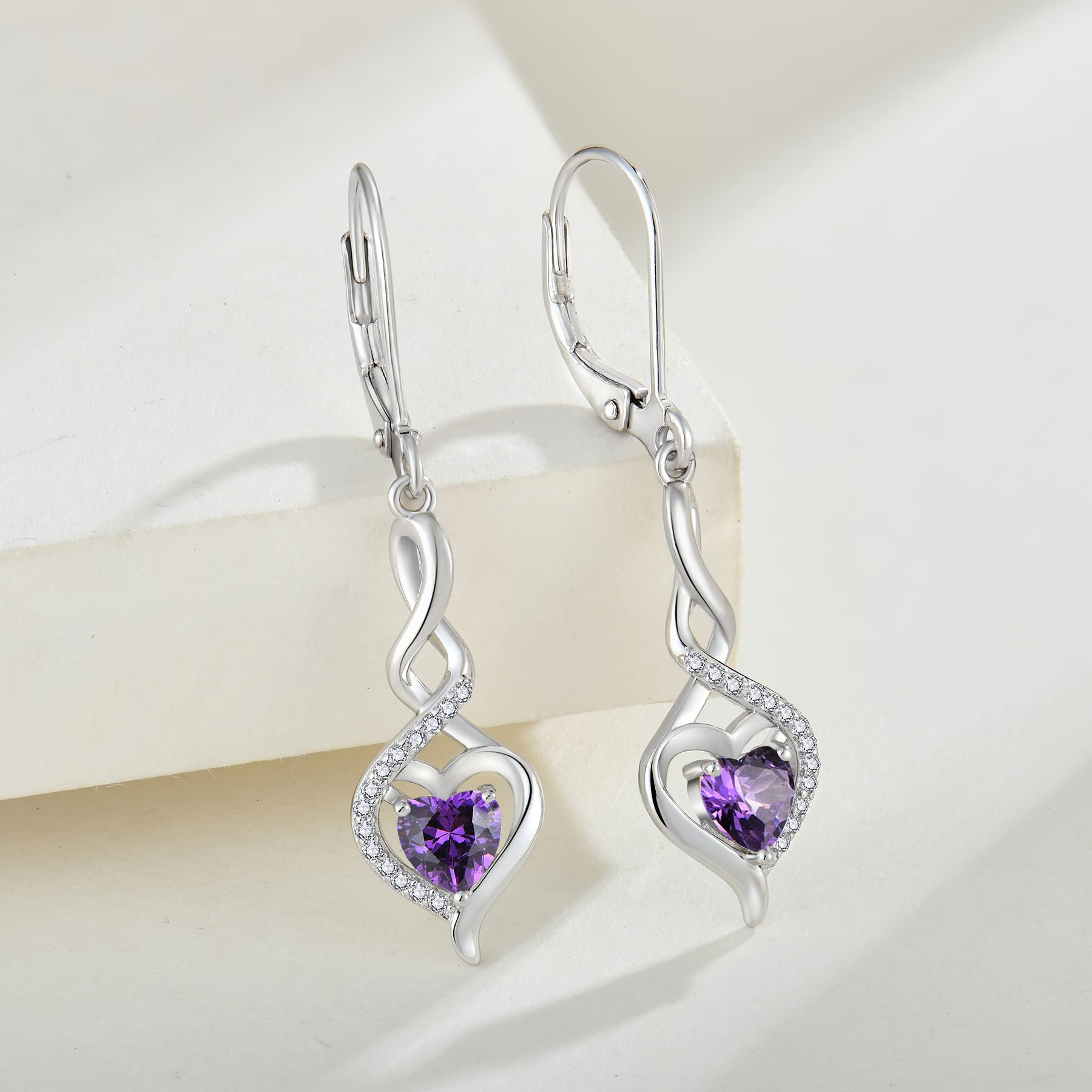 Starchenie Infinity Heart Earrings Sterling Silver Twisted Leverback Earring Created Amethyst Jewelry for Women