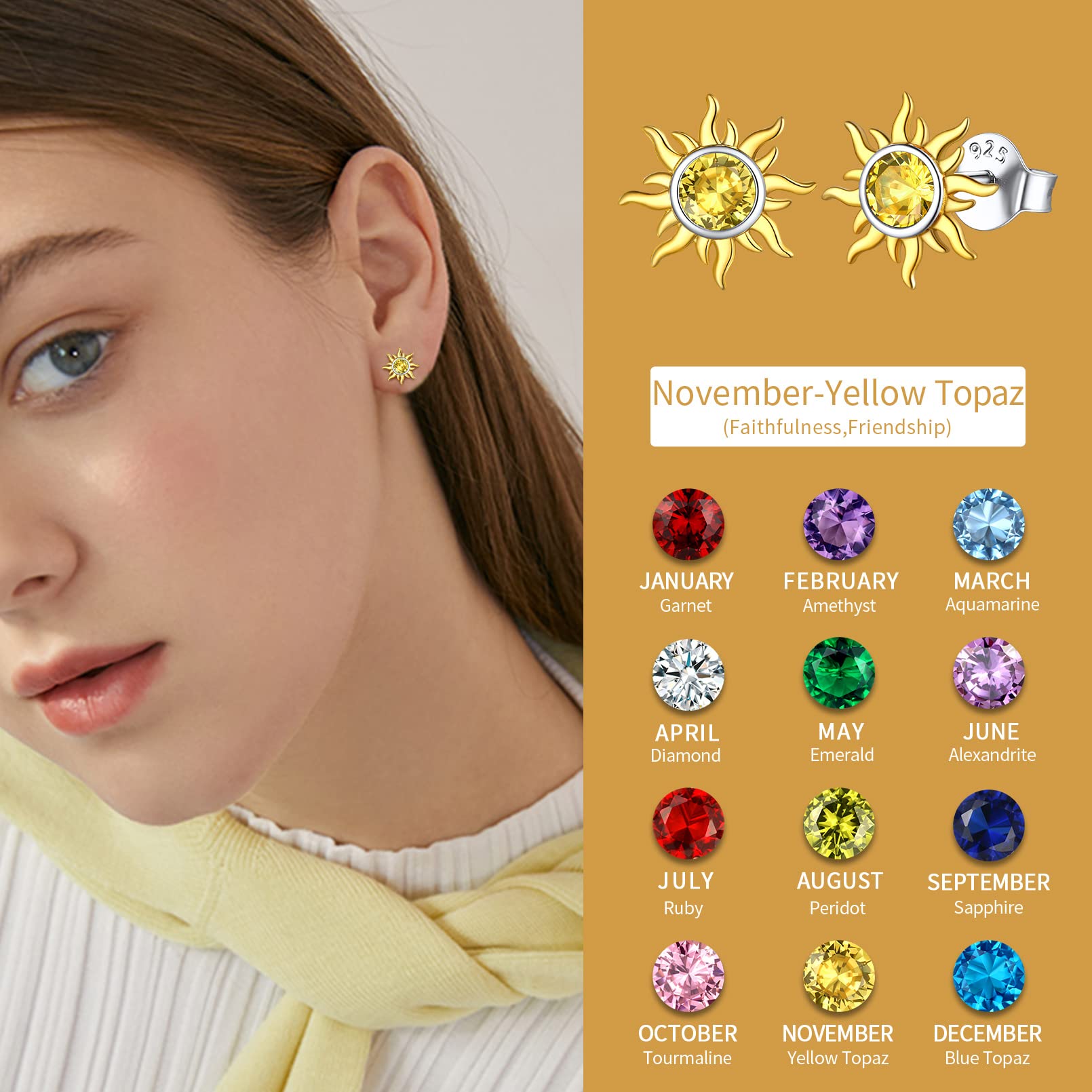 ChicSilver Citrine Earrings November Birthstone Earrings 925 Sterling Silver Sun Earrings Gold Stud Earrings for Women