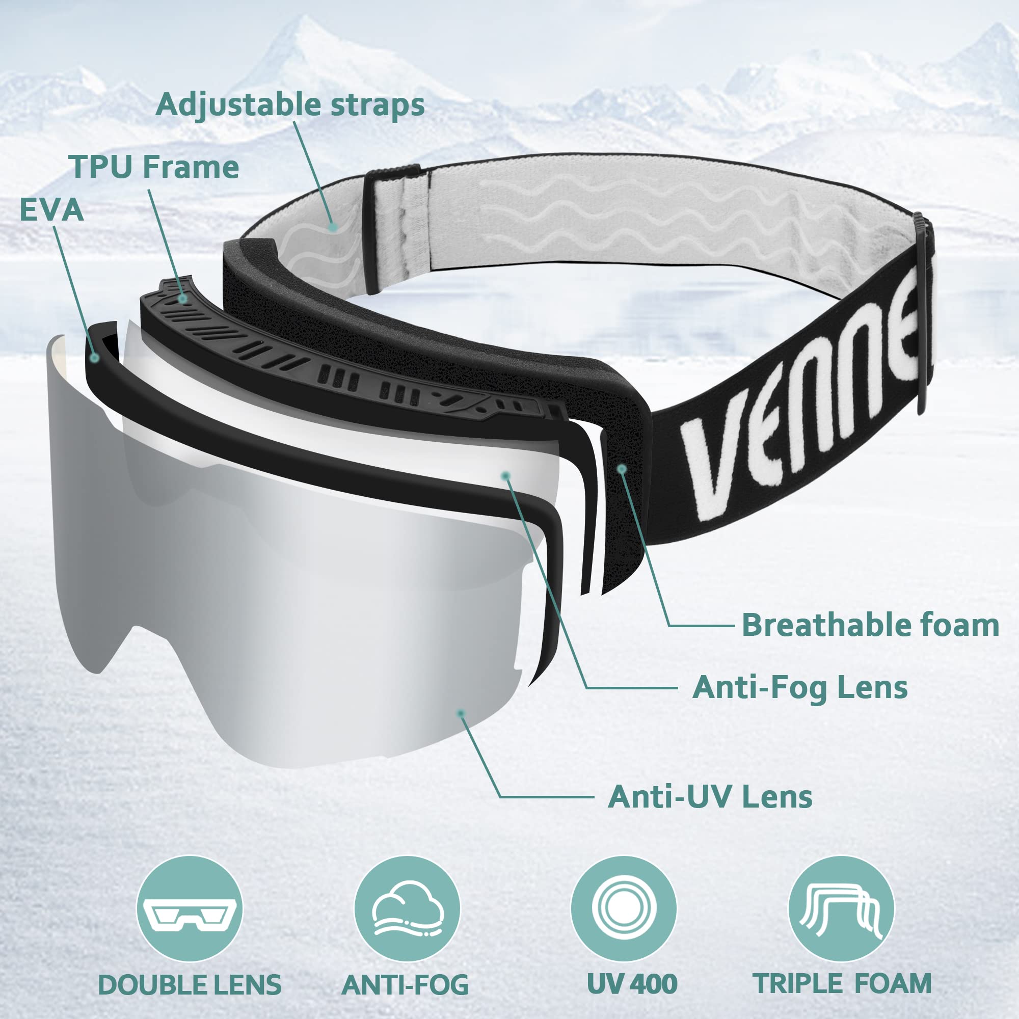 VENNERLI Ski Goggles Snow Goggles OTG Anti-Fog for Women Men Adults 100% UV 400 Protection for Outdoors