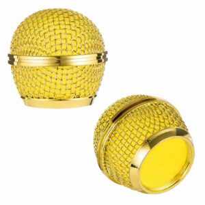 rhymkawa bling gold microphone cover compatible with shure sm58, sm48 wired and wireless mic cartridge ball mesh grill repalcement, 2 pack