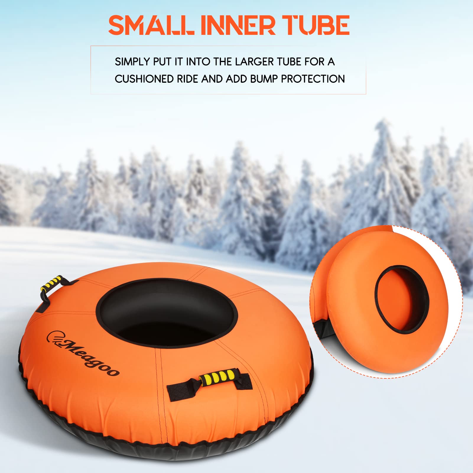 Meagoo Heavy Duty Snow Tube, Inflatable Durable 40" Snow Sled Tube with Cushion Seat, Premium Sturdy 600D Canvas Cover Sledding Tube with Towable Pull Ring and Reinforced Handles