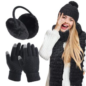 jenpen women winter hats scarf & gloves set for women including ear covers cold weather glove scarves hats knit beanie scarf glove (black), small-large