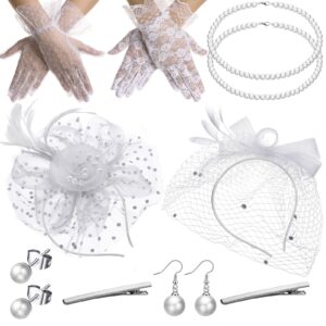 zhanmai 12 pcs tea party accessory fascinators tea party hats and gloves wedding women girl white headband necklace