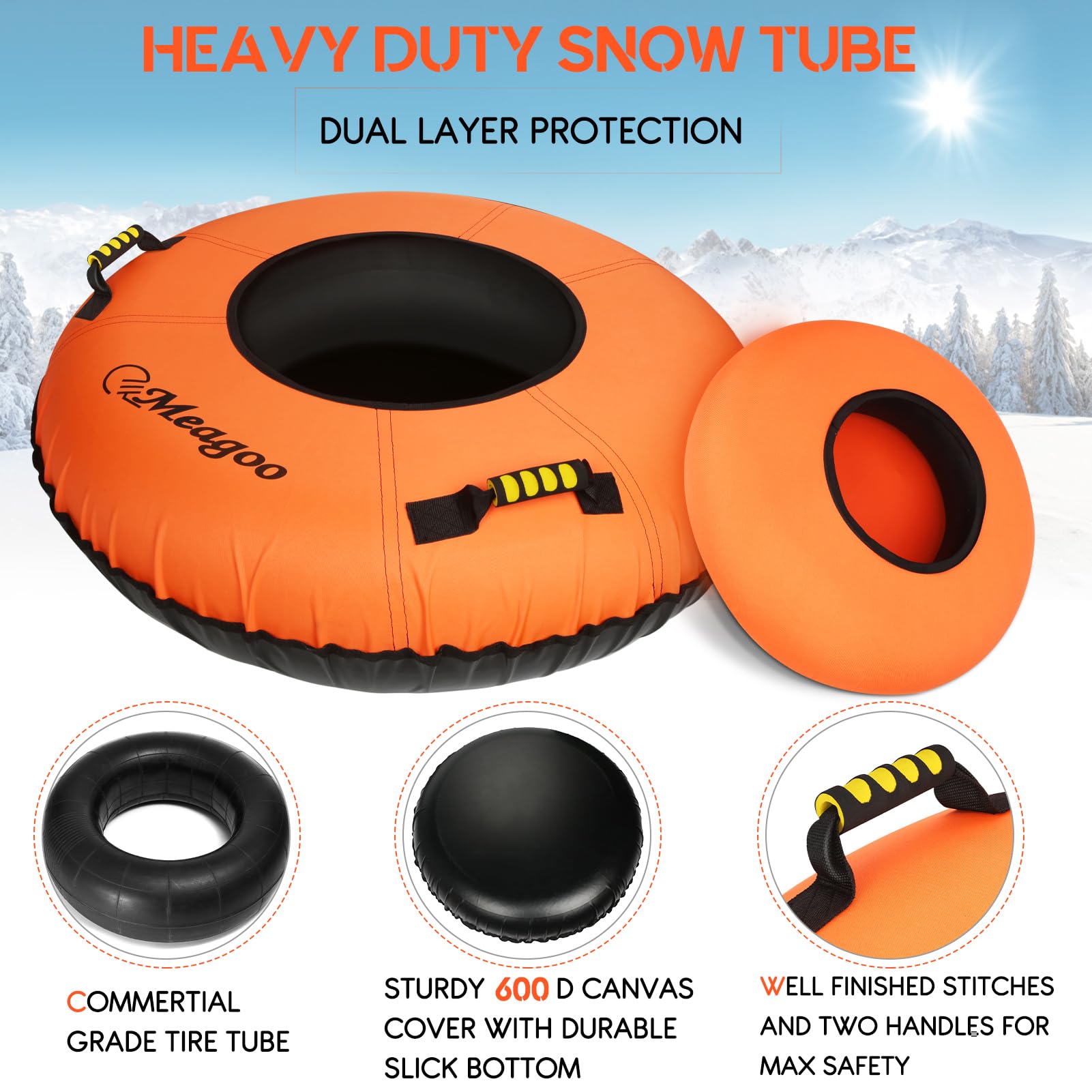 Meagoo Heavy Duty Snow Tube, Inflatable Durable 40" Snow Sled Tube with Cushion Seat, Premium Sturdy 600D Canvas Cover Sledding Tube with Towable Pull Ring and Reinforced Handles