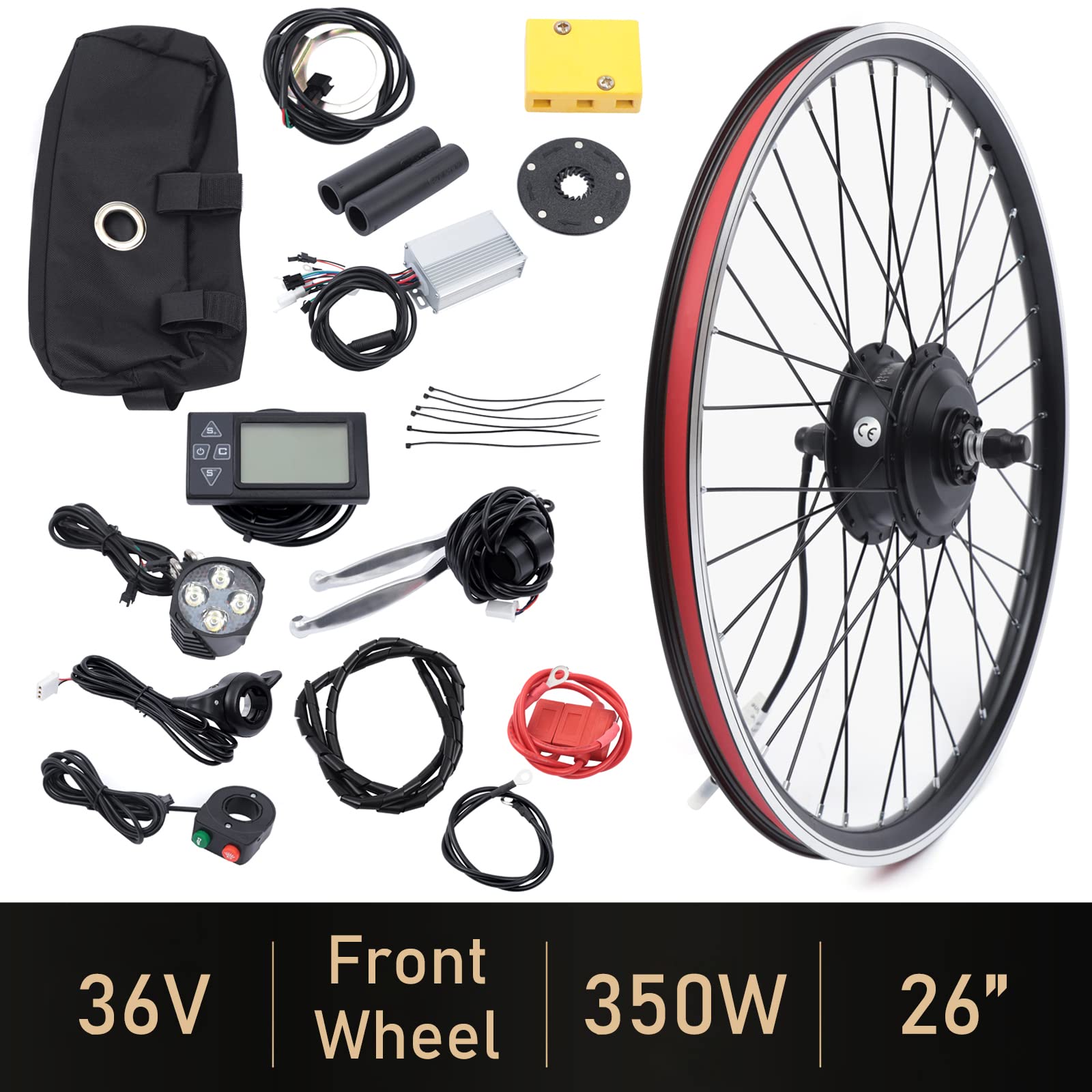 36V 350W Electric Bicycle Conversion Kit with LCD Display Controller 26" E-Bike Front Hub Motor Wheel 21mile/h (35km/h) High Speed Brushless Gearless Hub Motor Kit