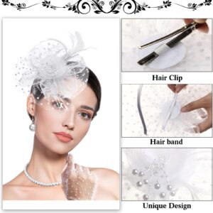 Zhanmai 12 Pcs Tea Party Accessory Fascinators Tea Party Hats and Gloves Wedding Women Girl White Headband Necklace