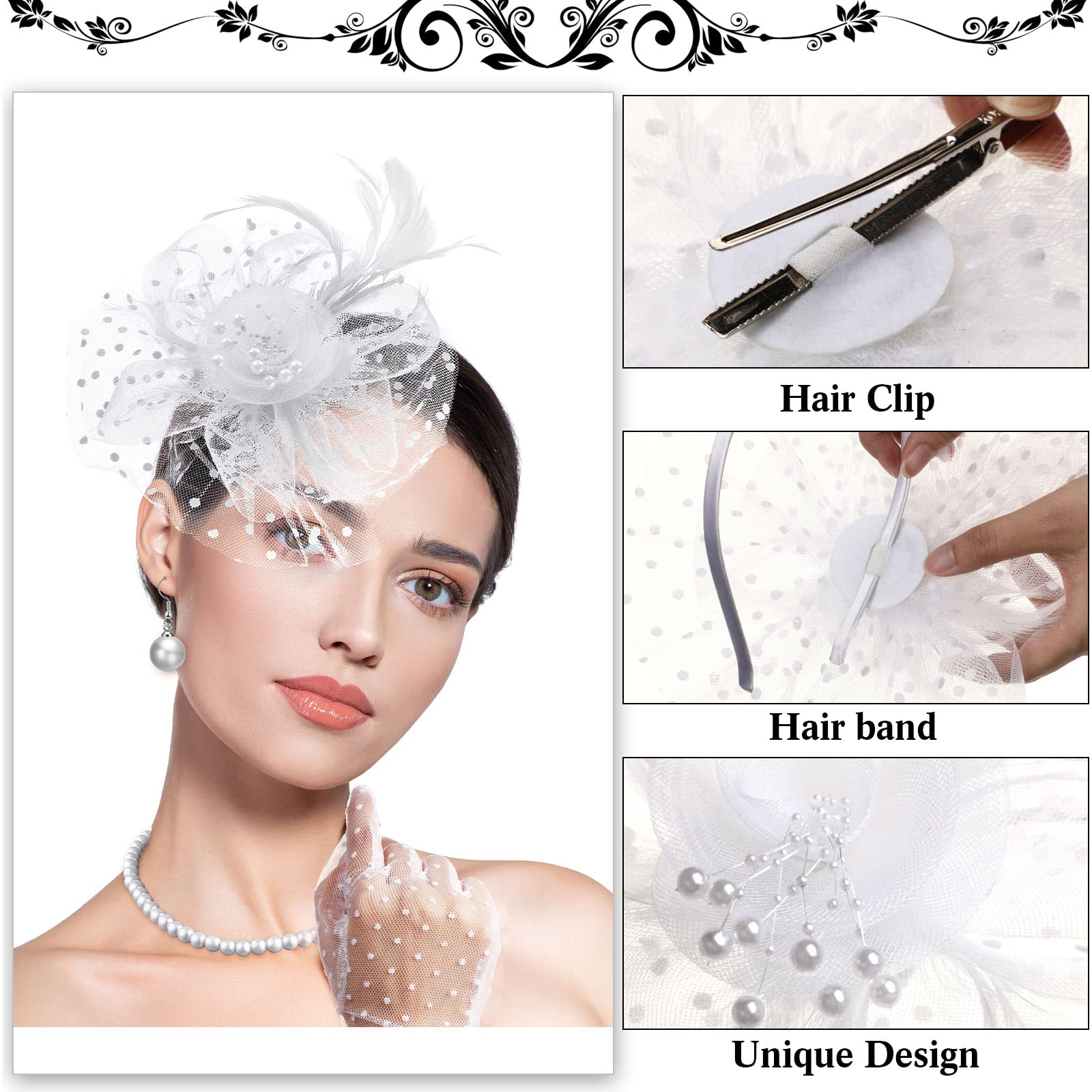 Zhanmai 12 Pcs Tea Party Accessory Fascinators Tea Party Hats and Gloves Wedding Women Girl White Headband Necklace