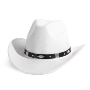 gossifan women men western cowboy cowgirl hat fedora hat with belt-black belt white