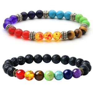 hedqfm 2pcs lava rock 7 chakra bracelet aromatherapy essential oil diffuser bracelets couples yoga beads bracelet lava stone stretch bracelet for men women