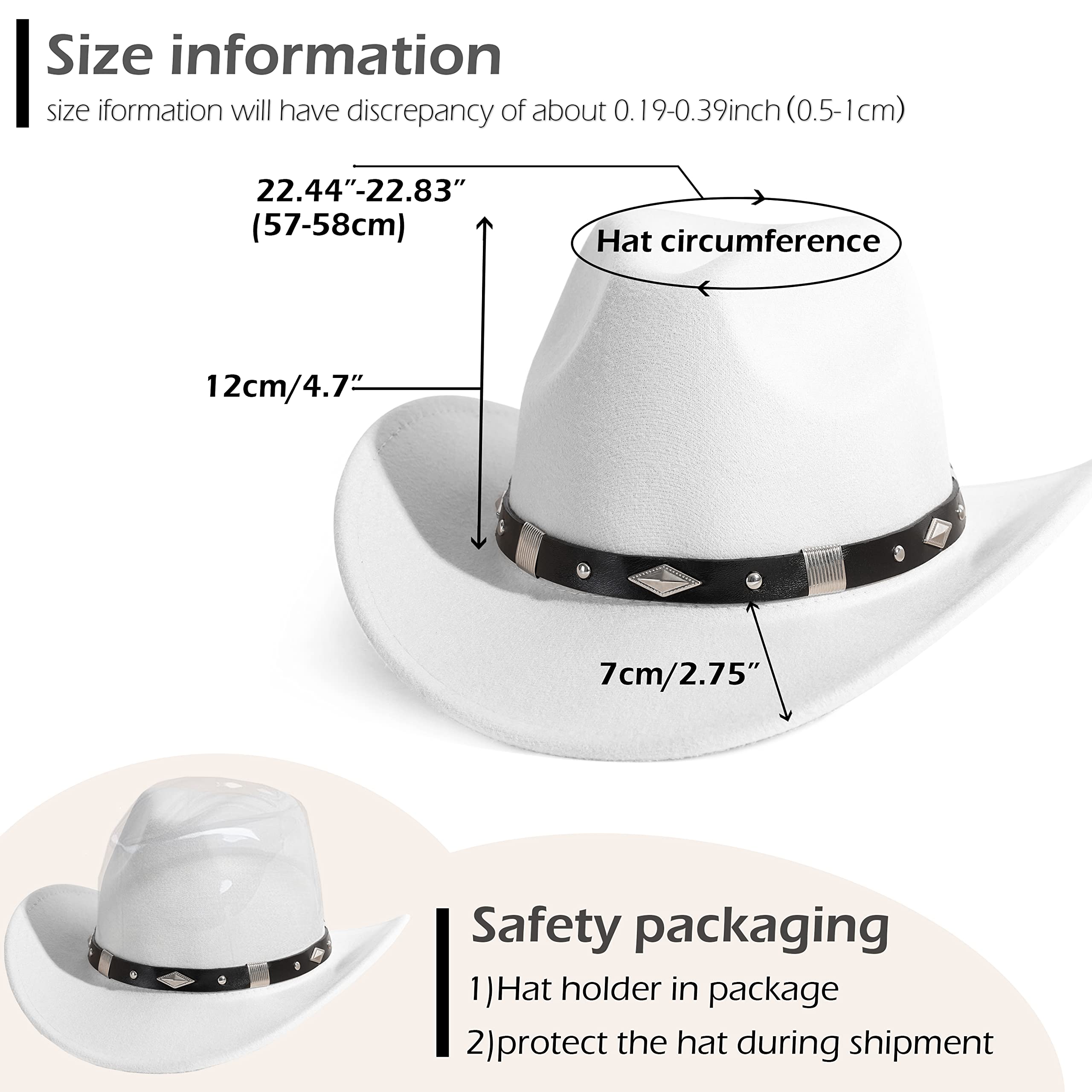 Gossifan Women Men Western Cowboy Cowgirl Hat Fedora Hat with Belt-Black Belt White