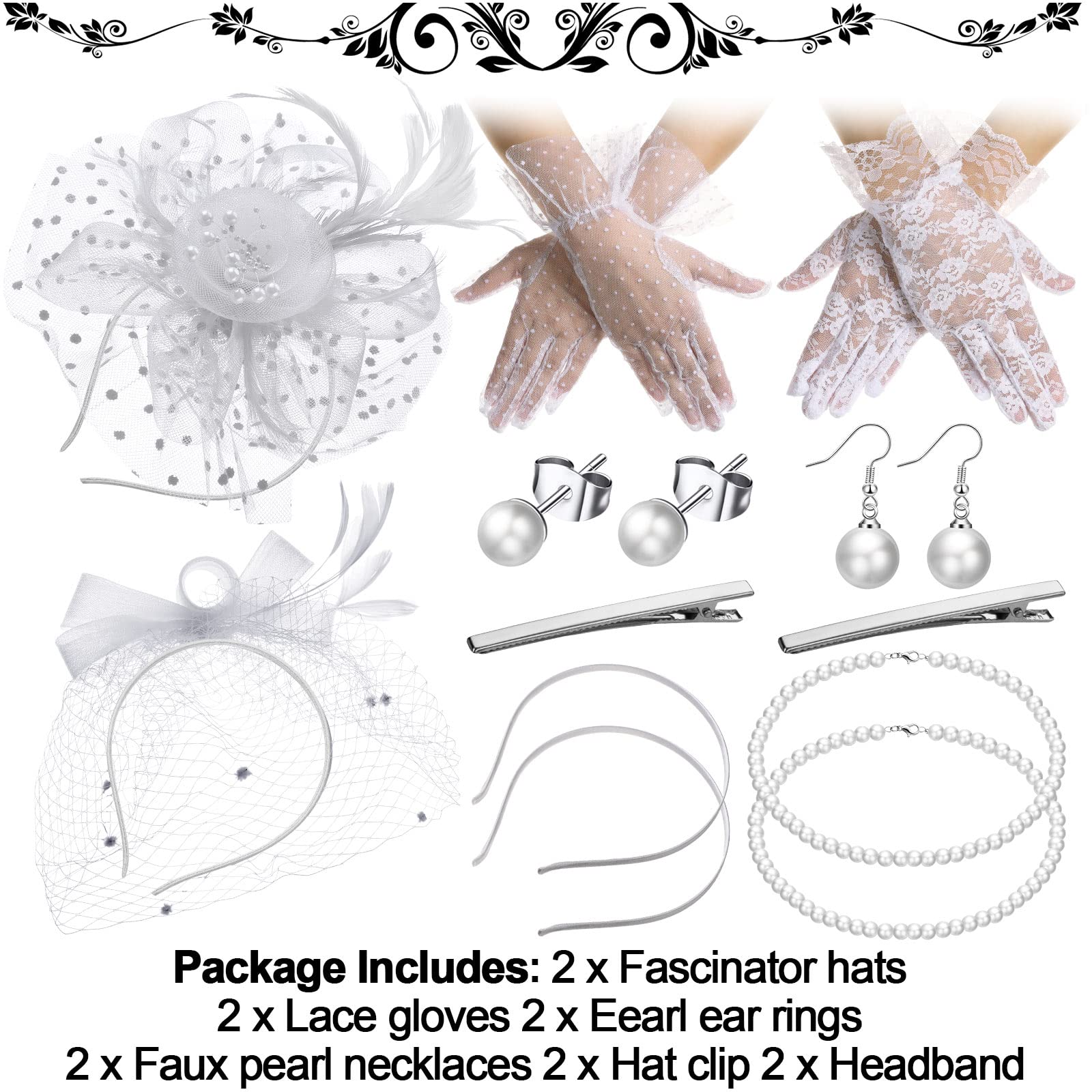 Zhanmai 12 Pcs Tea Party Accessory Fascinators Tea Party Hats and Gloves Wedding Women Girl White Headband Necklace