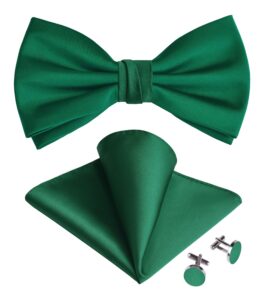 gusleson mens emerald green bow tie for wedding double fold pre-tied bowtie and pocket square cufflink set accessories for party (0678-10)