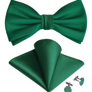 GUSLESON Mens Emerald Green Bow tie for Wedding Double Fold Pre-tied Bowtie and Pocket Square Cufflink Set Accessories for Party (0678-10)