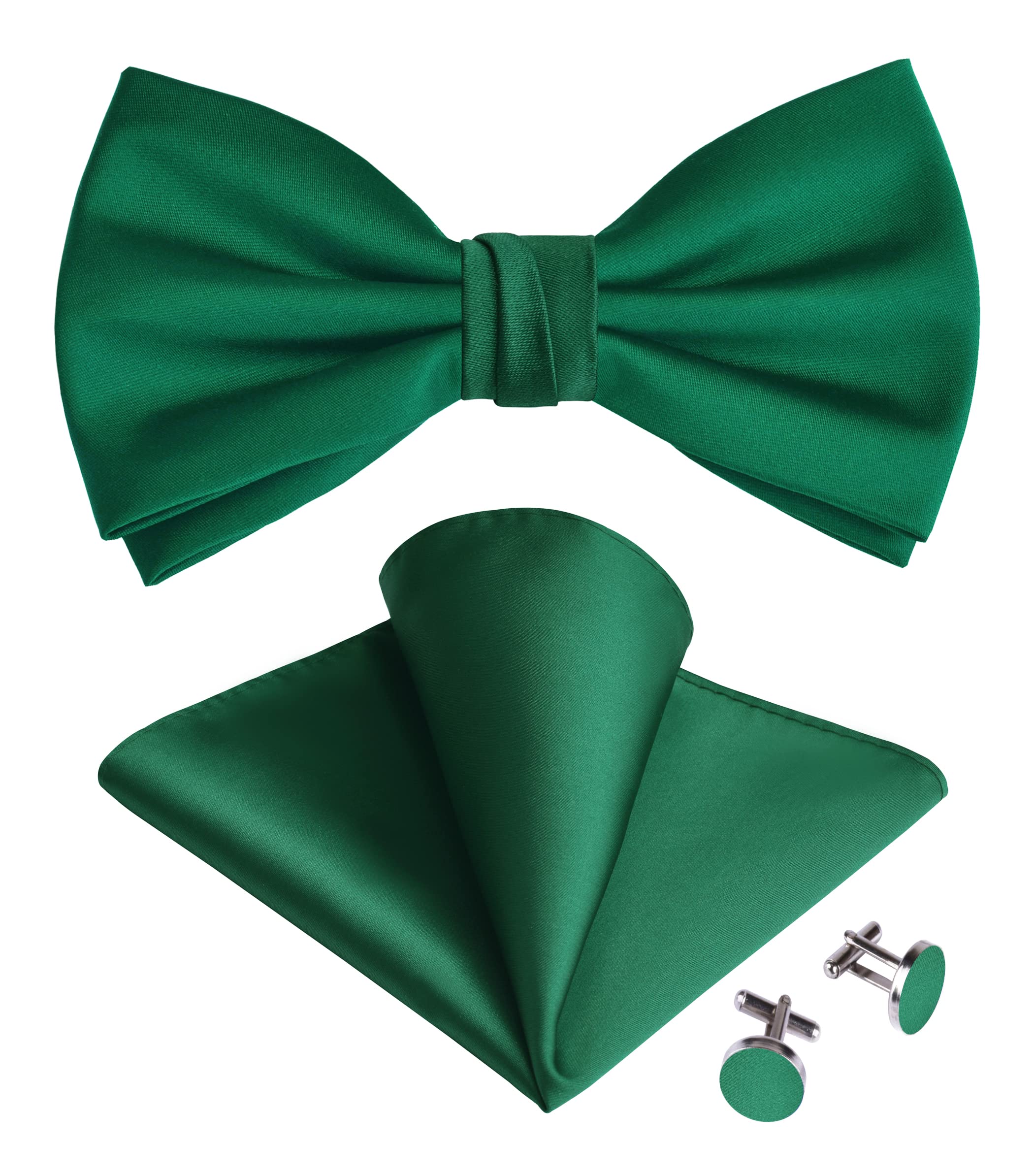 GUSLESON Mens Emerald Green Bow tie for Wedding Double Fold Pre-tied Bowtie and Pocket Square Cufflink Set Accessories for Party (0678-10)