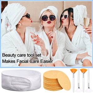 Spa Facial Set: 10 Headbands, 50 Compressed Sponges, 10 Fan Brushes - White Towel Head Wrap for Face Wash, Mask Application, and Makeup Removal