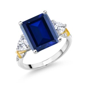 925 silver and 10k yellow gold blue simulated sapphire moissanite and diamond 3 stone ring for women (7.66 cttw, gemstone birthstone, emerald cut 12x10mm, available in size 5, 6, 7, 8, 9)