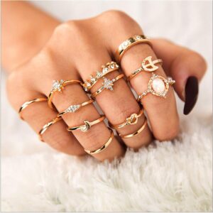 sither 13 pcs women rings set knuckle rings gold bohemian rings for girls vintage gem crystal rings joint knot ring sets for teens party daily festival jewelry gift