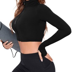 SOLY HUX Women's Lightweight Full Zip Athletic Long Sleeve Crop Running Workout Yoga Sportwear Jacket Solid Plain Black Small