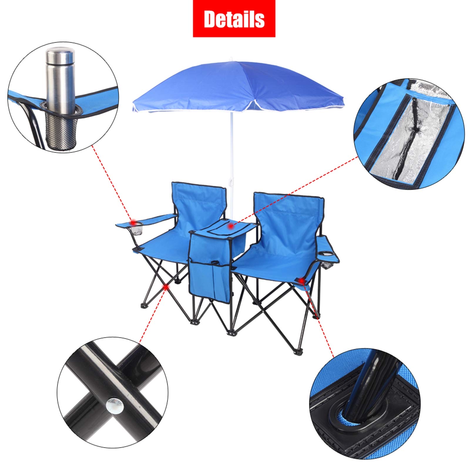 Double Portable Folding Camping Chair-Outdoor or Garden Oversized Removable Umbrella, Cooler Bag, Beach Chair for Adults for Camp,Picnic,Travel,Fishing,Boating