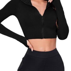 SOLY HUX Women's Lightweight Full Zip Athletic Long Sleeve Crop Running Workout Yoga Sportwear Jacket Solid Plain Black Small