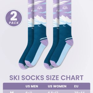 OutdoorMaster Ski Socks, 2-Pair Pack Skiing and Snowboarding Thermal Socks for Women with Over the Calf Design w/Non-Slip Cuff, Mountain Patterns - Lavender, Medium