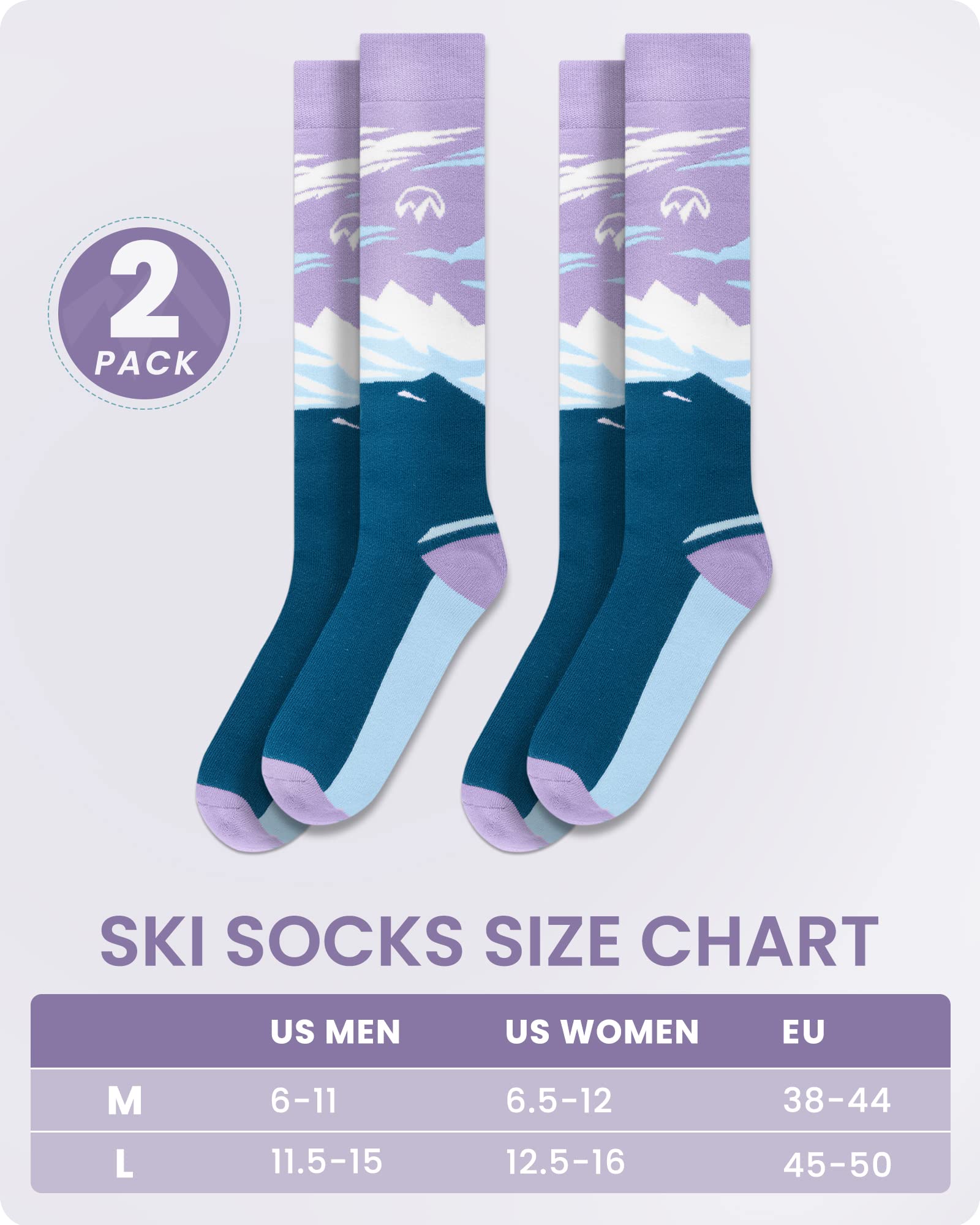 OutdoorMaster Ski Socks, 2-Pair Pack Skiing and Snowboarding Thermal Socks for Women with Over the Calf Design w/Non-Slip Cuff, Mountain Patterns - Lavender, Medium