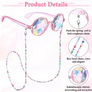 Yunsailing 9 Pairs Kaleidoscope Rave Glasses with 9 Beaded Glasses Strap Rainbow Rave Goggles Prism Fun Sunglasses Eyeglass Chain for Carnival Party Festival Accessories