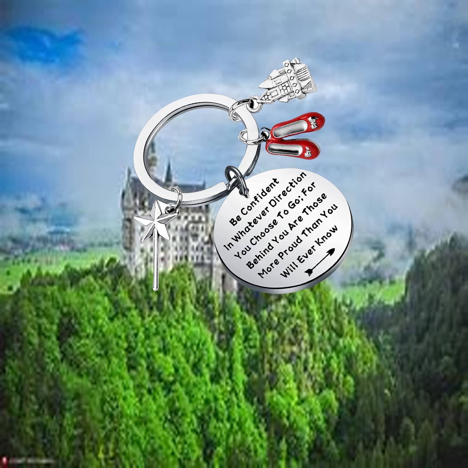 LQRI Wizard Oz Shoe Keychain Dorothy Ruby Gifts Be Confident in Whatever Direction You Choose to Go Ruby Red Slippers Keychain Inspirational Gifts for Her (silver)