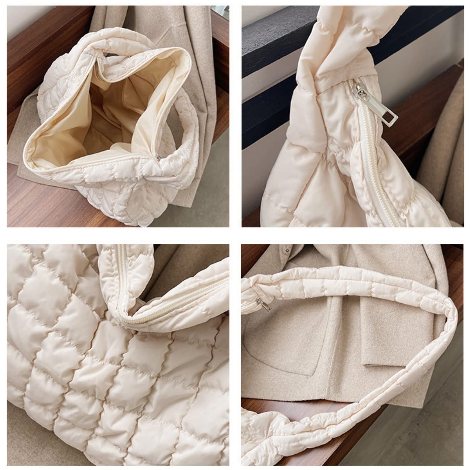 Women Puffer Bag Crossbody Bag Quilted Bags Luxury Shoulder Bag Tote Top Handle Bags Puffy Shoulder Bag for Autumn Winter (White)