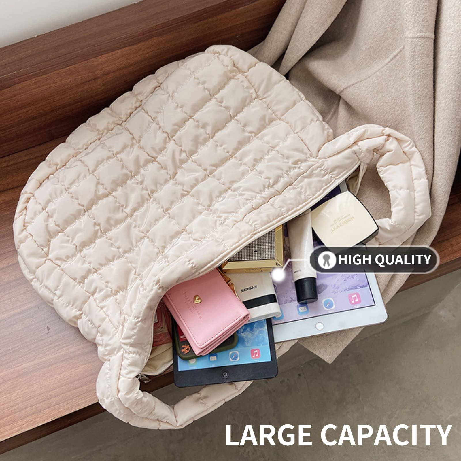 Women Puffer Bag Crossbody Bag Quilted Bags Luxury Shoulder Bag Tote Top Handle Bags Puffy Shoulder Bag for Autumn Winter (White)