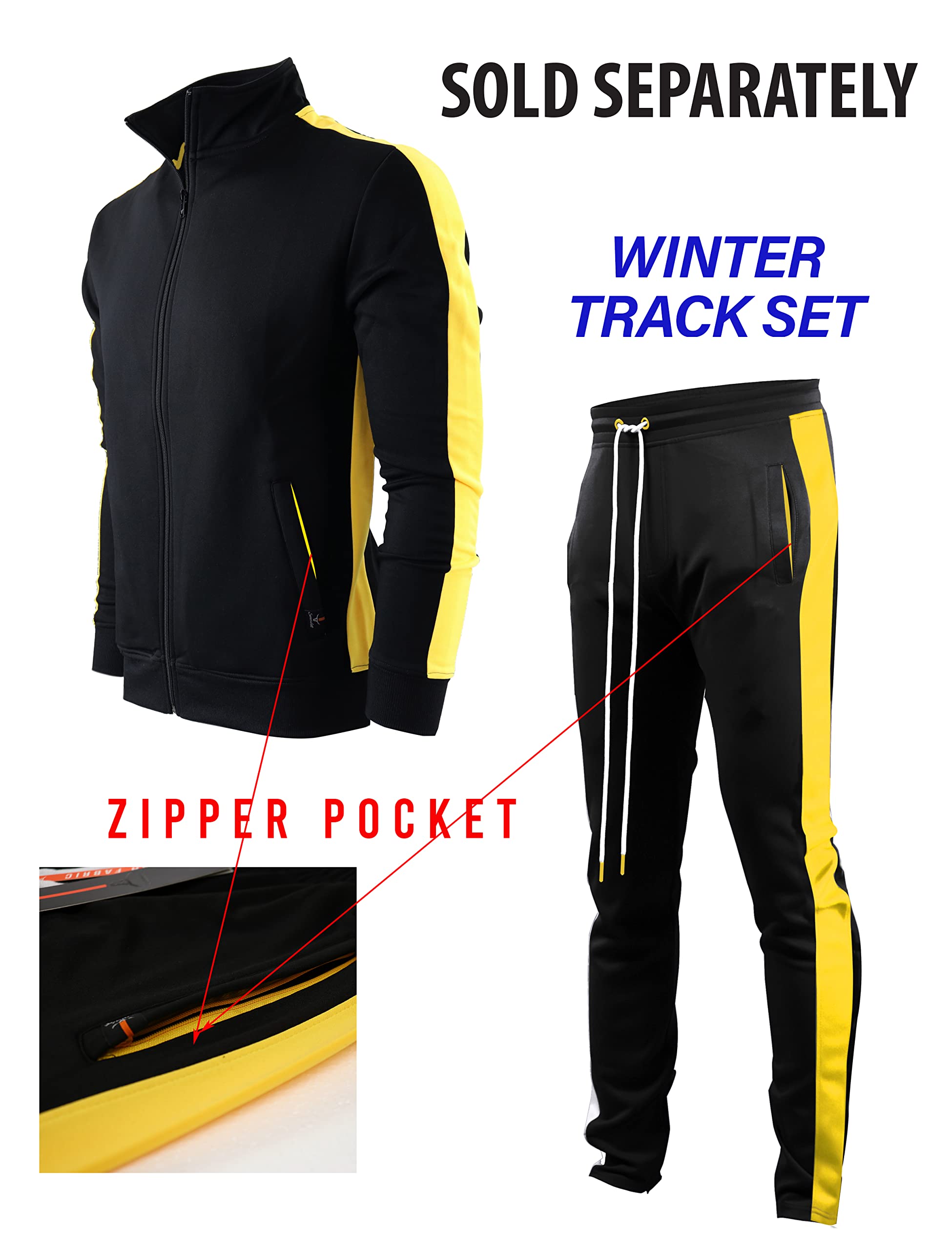 SCREENSHOT-S51707 Mens Hip Hop Premium Slim Fit Winter Fleece Lined Track Jacket - Modern Athletic Workout Sport Fitness Tops with Side Taping-Black/Yellow-Small