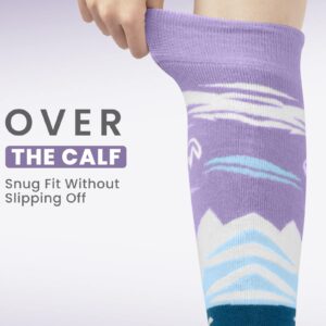 OutdoorMaster Ski Socks, 2-Pair Pack Skiing and Snowboarding Thermal Socks for Women with Over the Calf Design w/Non-Slip Cuff, Mountain Patterns - Lavender, Medium