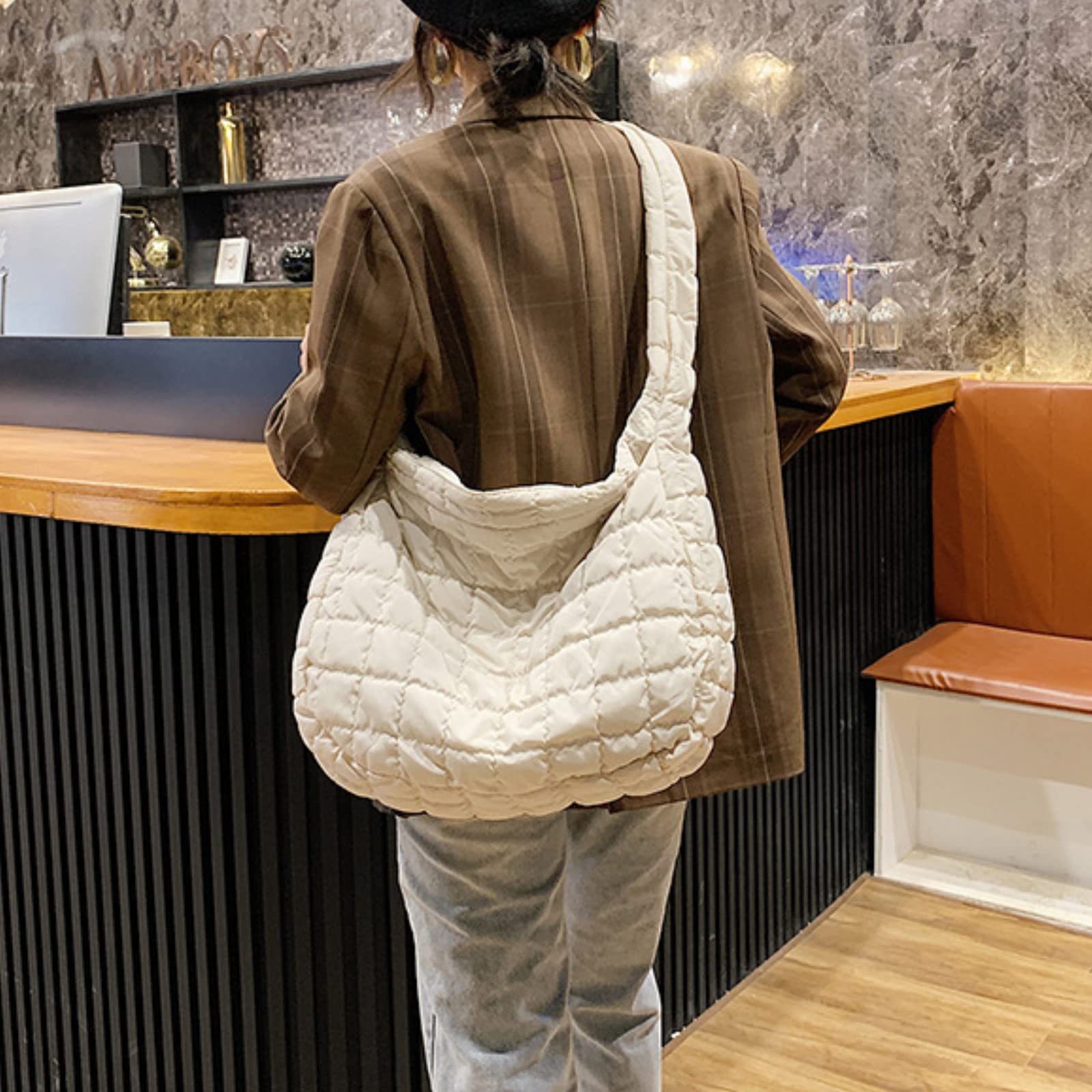 Women Puffer Bag Crossbody Bag Quilted Bags Luxury Shoulder Bag Tote Top Handle Bags Puffy Shoulder Bag for Autumn Winter (White)