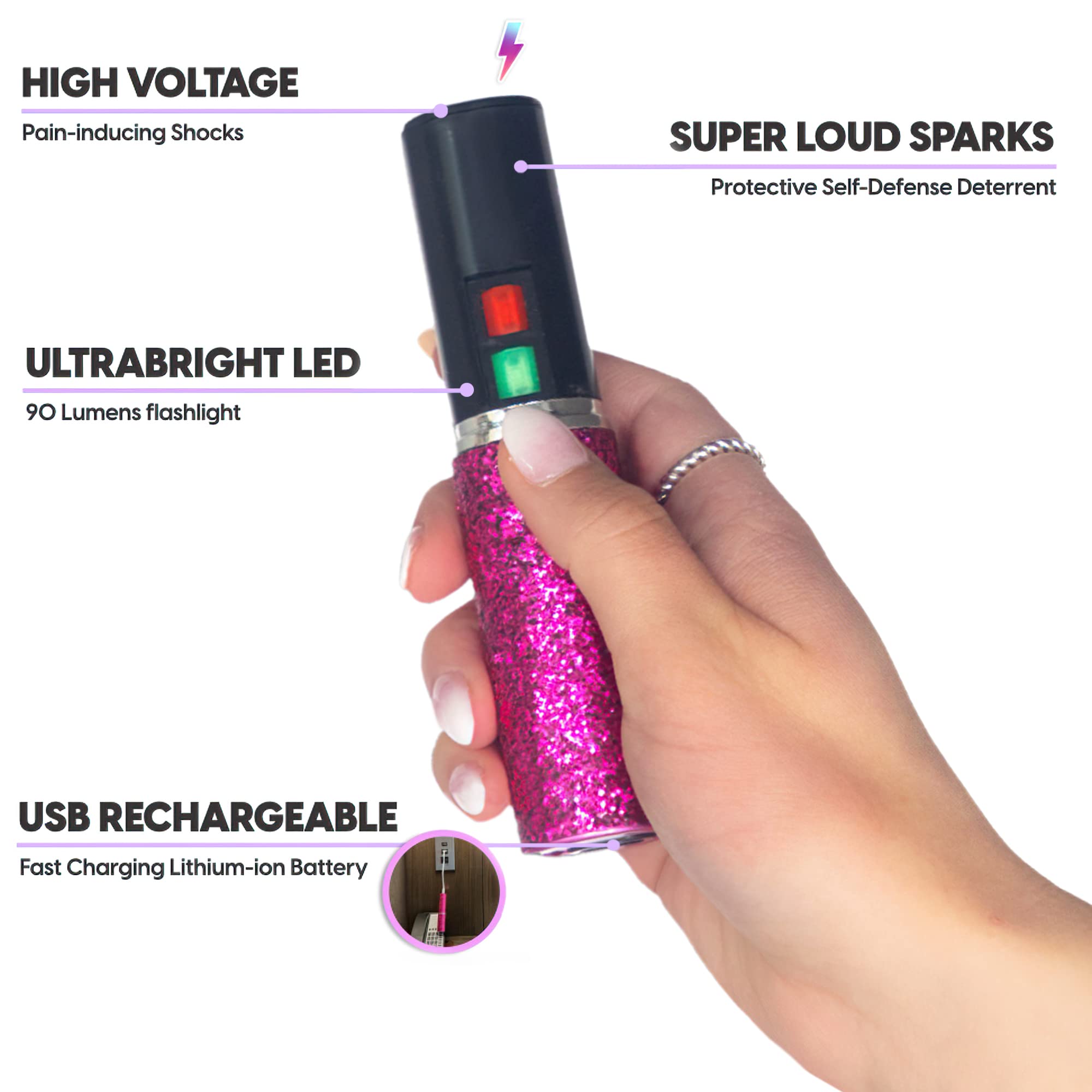 BLINGSTING Pepper Spray, Mini Stun Gun, & Alarm 3-in-1 Safety Kit - Professional Grade, Maximum Strength, High Voltage, Rechargeable Self-Defense for Women, Pink Glitter