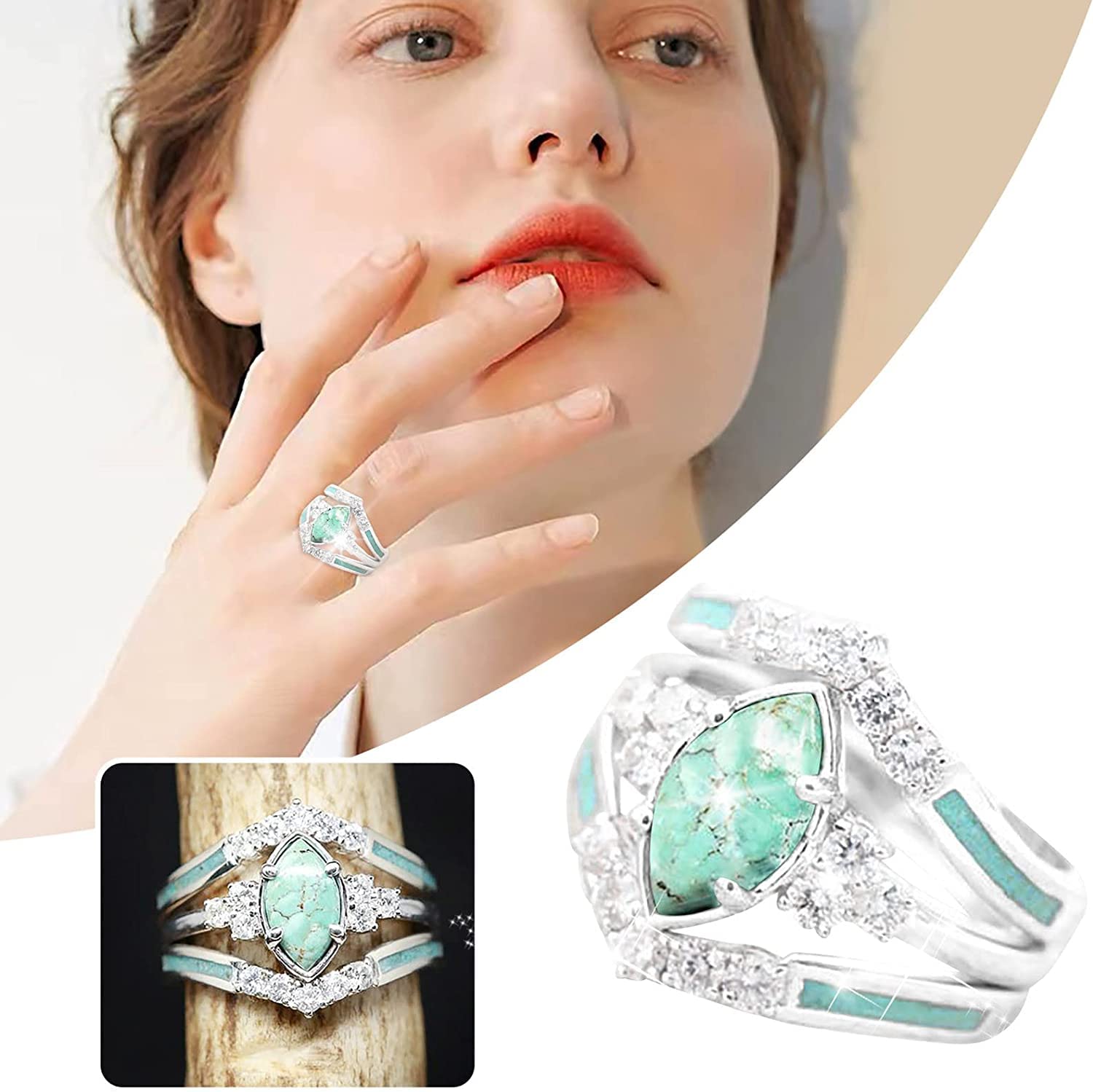 Sterling Silver Natural Turquoise Diamond 3 Piece Set Ring Simple Fashion Jewelry Popular Accessories Jewelry_Gift (Silver, 7)