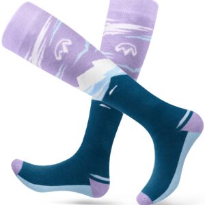 OutdoorMaster Ski Socks, 2-Pair Pack Skiing and Snowboarding Thermal Socks for Women with Over the Calf Design w/Non-Slip Cuff, Mountain Patterns - Lavender, Medium