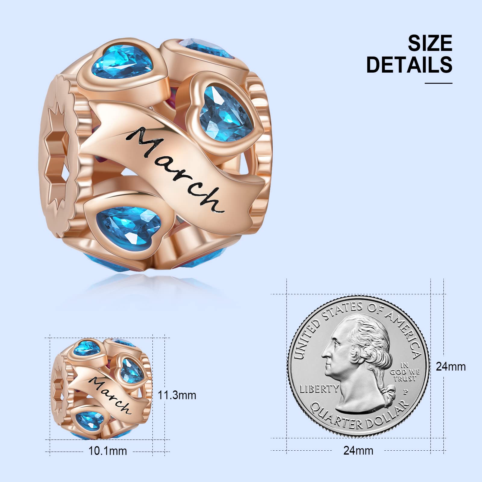 NINGAN March Birthstone Charms Rose Gold 925 Sterling Silver Love Heart Bead for Charm Bracelets and Necklaces with 5A Cubic Zirconia, Birthday Gifts