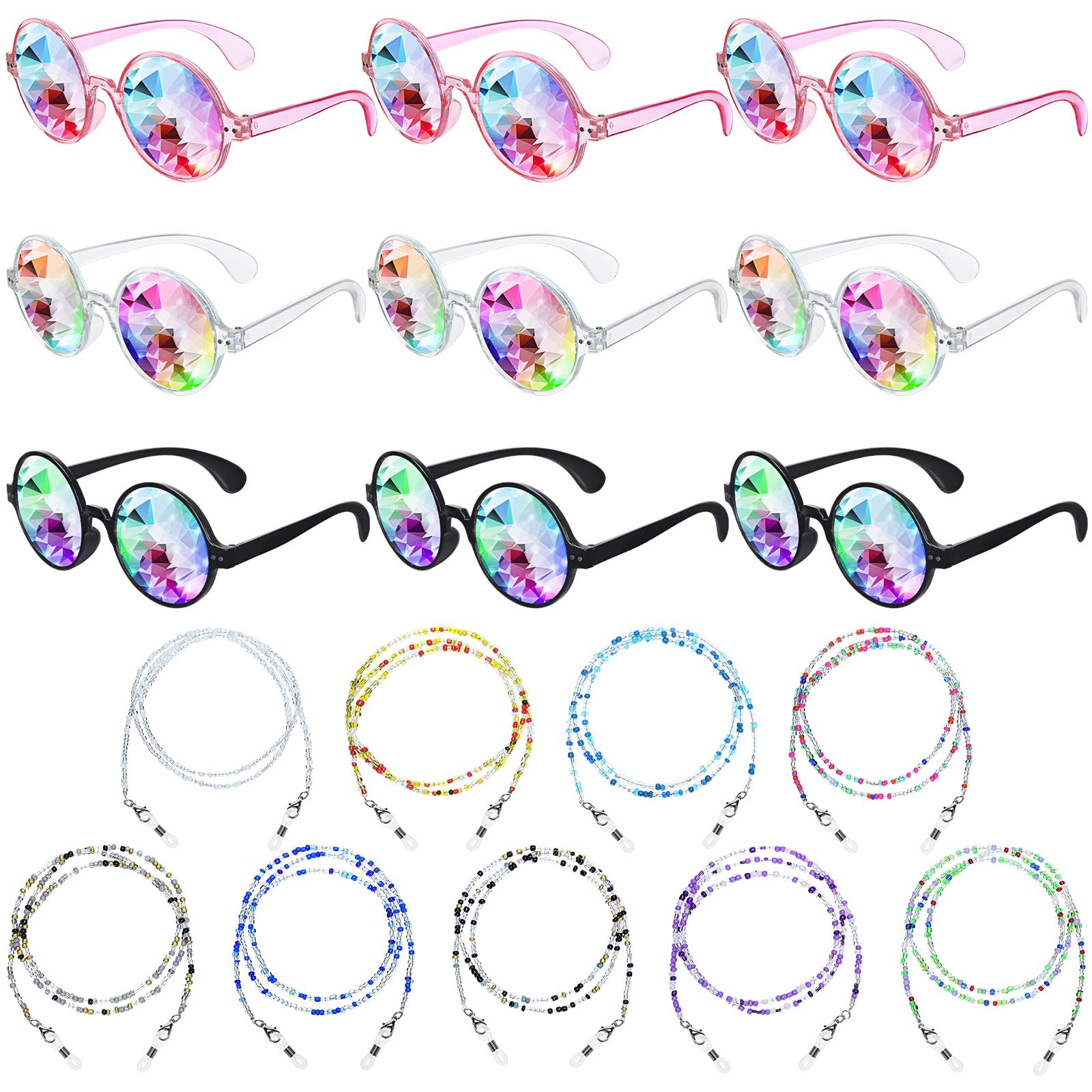 Yunsailing 9 Pairs Kaleidoscope Rave Glasses with 9 Beaded Glasses Strap Rainbow Rave Goggles Prism Fun Sunglasses Eyeglass Chain for Carnival Party Festival Accessories