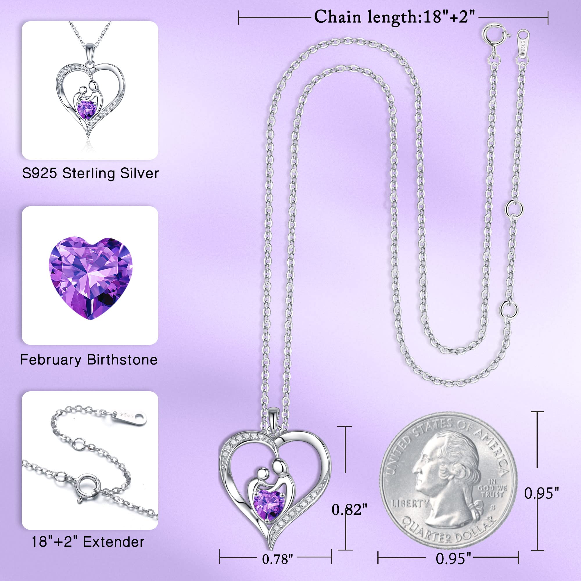 Mom and Daughter Gifts Necklaces, Sterling Silver Birthstone Jewelry New Mom Gifts First Mothers Day Gifts Valentines Day Birthday Gifts for Mom Daughter February Purple Amethyst Necklace Jewelry