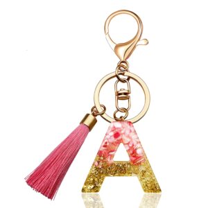 letter initial keychains for women tassel bling white pink cute shiny keychain for car key backpack purses wallet (pink tassel a)