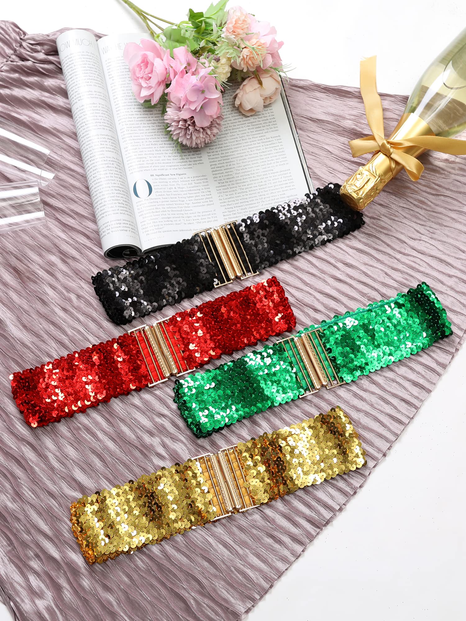 Allegra K Ladies Shinny Wide Waist Belts Interlock Buckles Sequins Decor Stretchy Belts for Women 2PCS 60cm/23.62" Orange