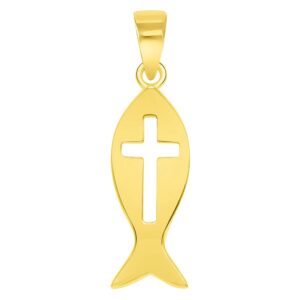 jewelry america 14k yellow gold ichthus cut-out cross charm christian fish symbol pendant