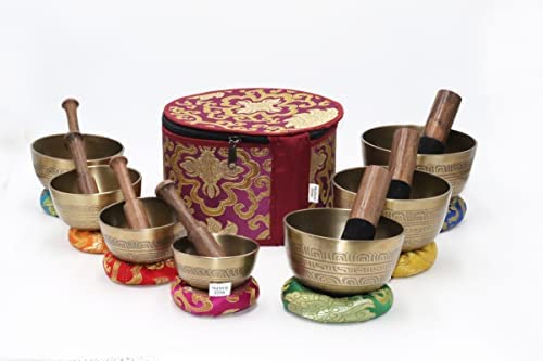 SANSKAR NEPAL Tibetan High Sided Singing Bowl Set in a Purple Carry Box for Meditation, Yoga, Relaxation (7 Sets with diameter ranging 3" - 5")