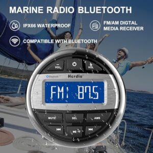 Herdio Marine Radio and Speakers Set Compatible with Bluetooth, Marine Gauge Head Unit+6.5 Inch Marine Flush Wall Mount Ceiling Speakers+Rubber Flexible Mast FM AM Antenna