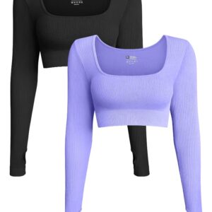 OQQ Women's 2 Piece Crop Top Ribbed Seamless Workout Exercise Long Sleeve Crop Tops Black Purple