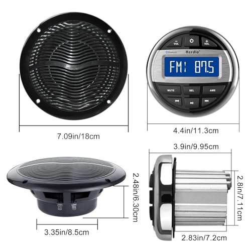 Herdio Marine Radio and Speakers Set Compatible with Bluetooth, Marine Gauge Head Unit+6.5 Inch Marine Flush Wall Mount Ceiling Speakers+Rubber Flexible Mast FM AM Antenna